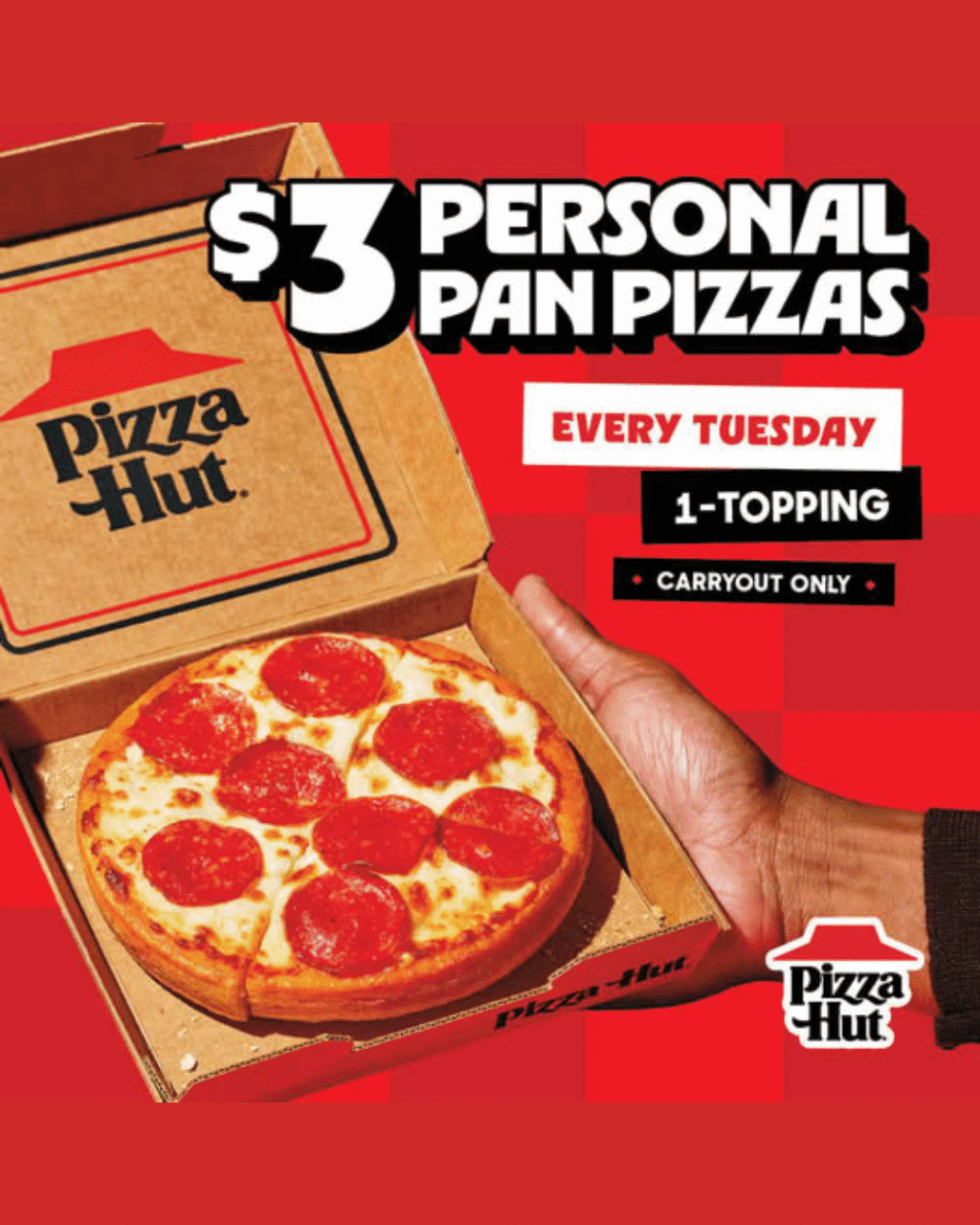 $3.00 1-Topping Personal Pan Pizzas - Every Tuesday at Pizza Hut ...